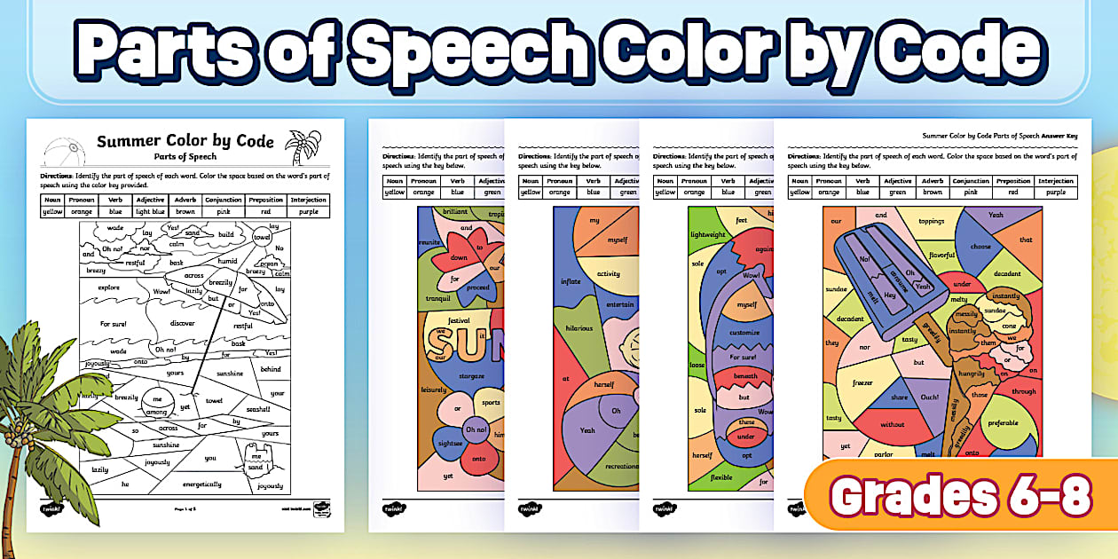 Summer Color by Code Parts of Speech Worksheets for 6th-8th