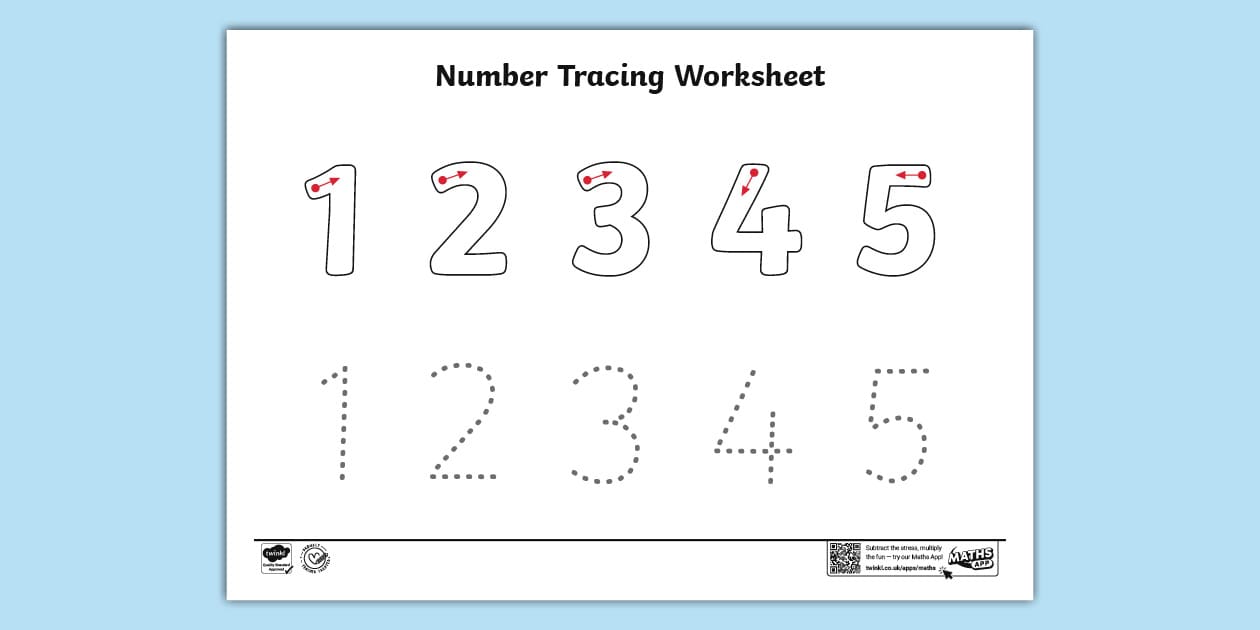 Number Tracing Worksheet 1-5 - KS1 - Primary Resource