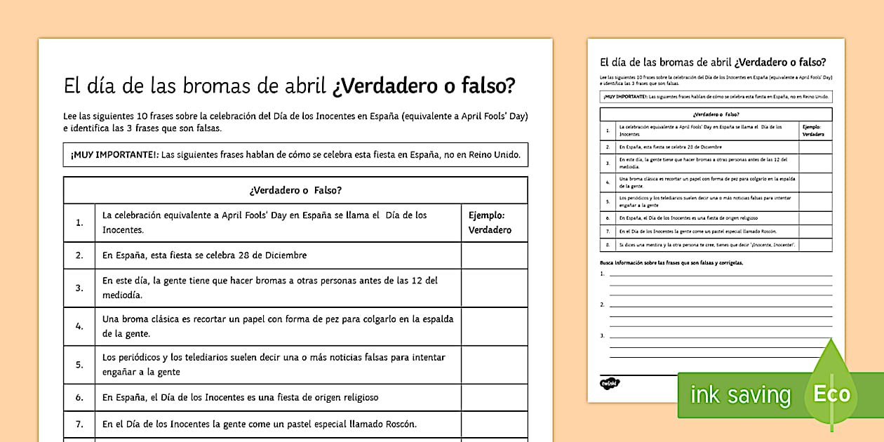 April Fools' Day True or False? Worksheet / Worksheet Spanish