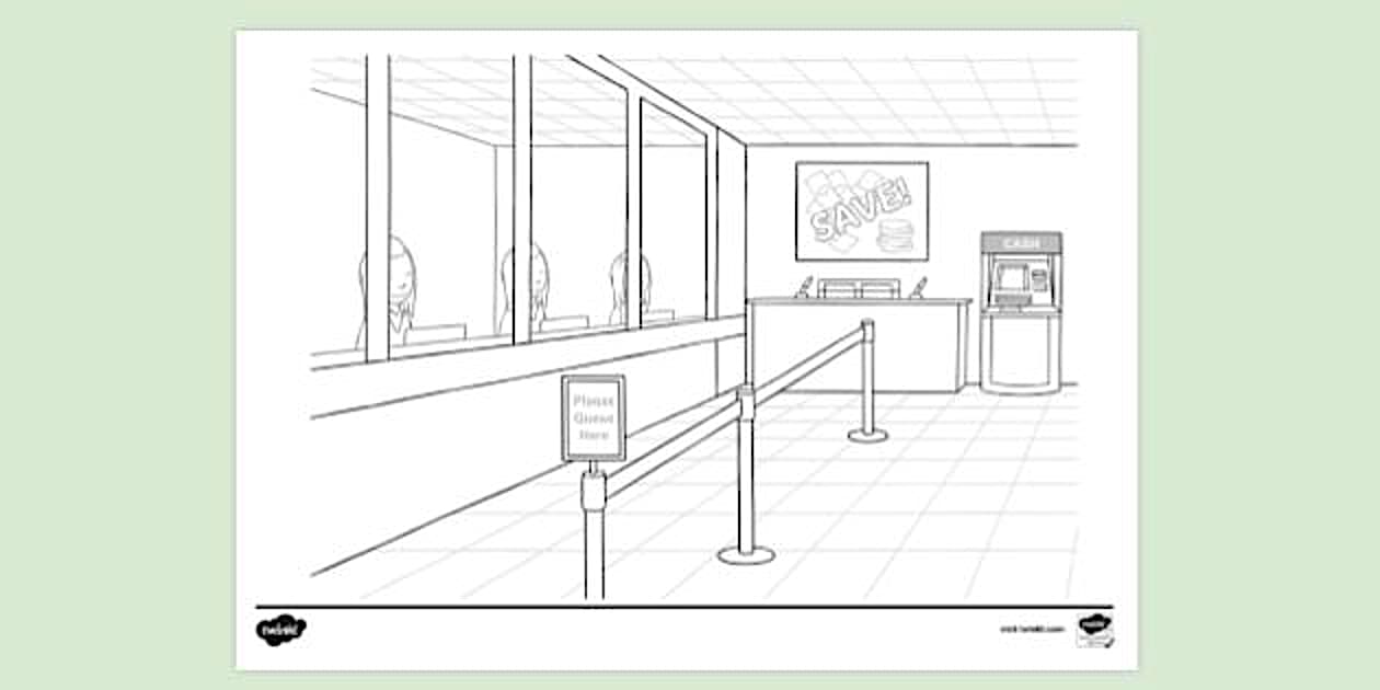 Bank Background With Cashiers Colouring | Colouring Sheets