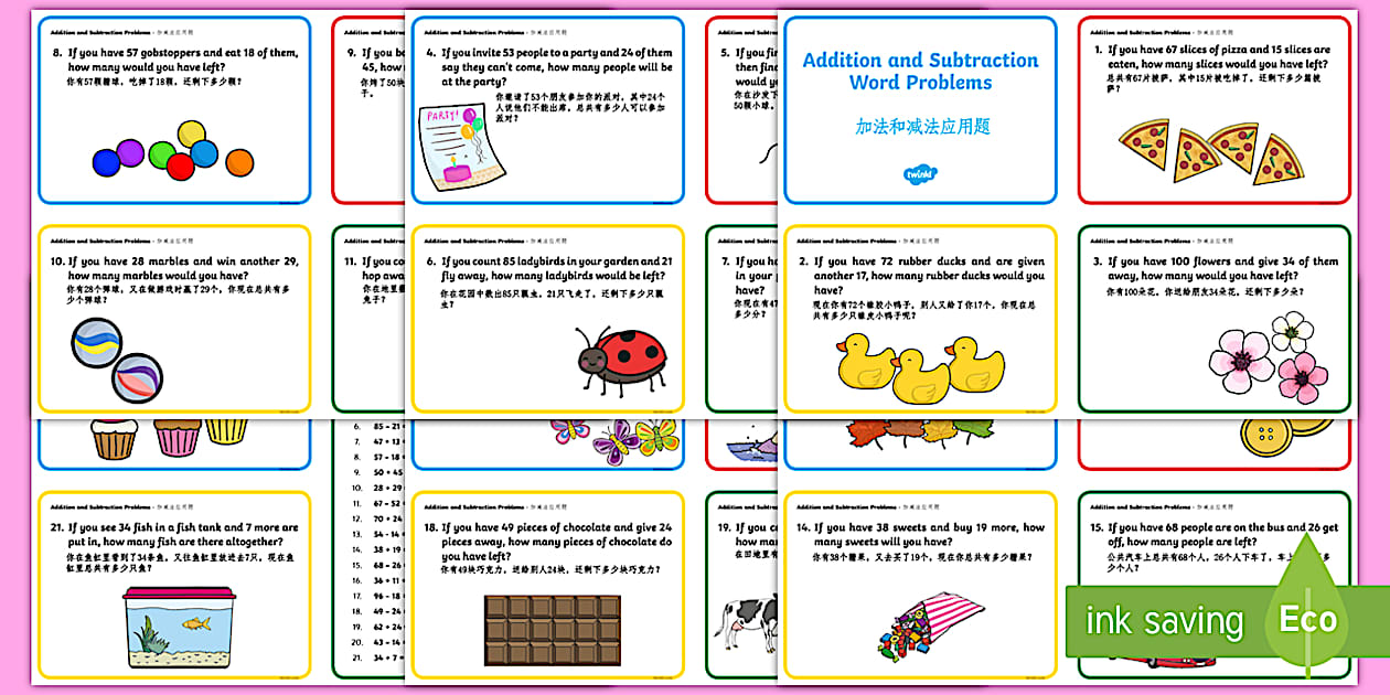 Addition and Subtraction to 100 Word Problem Challenge Cards English ...
