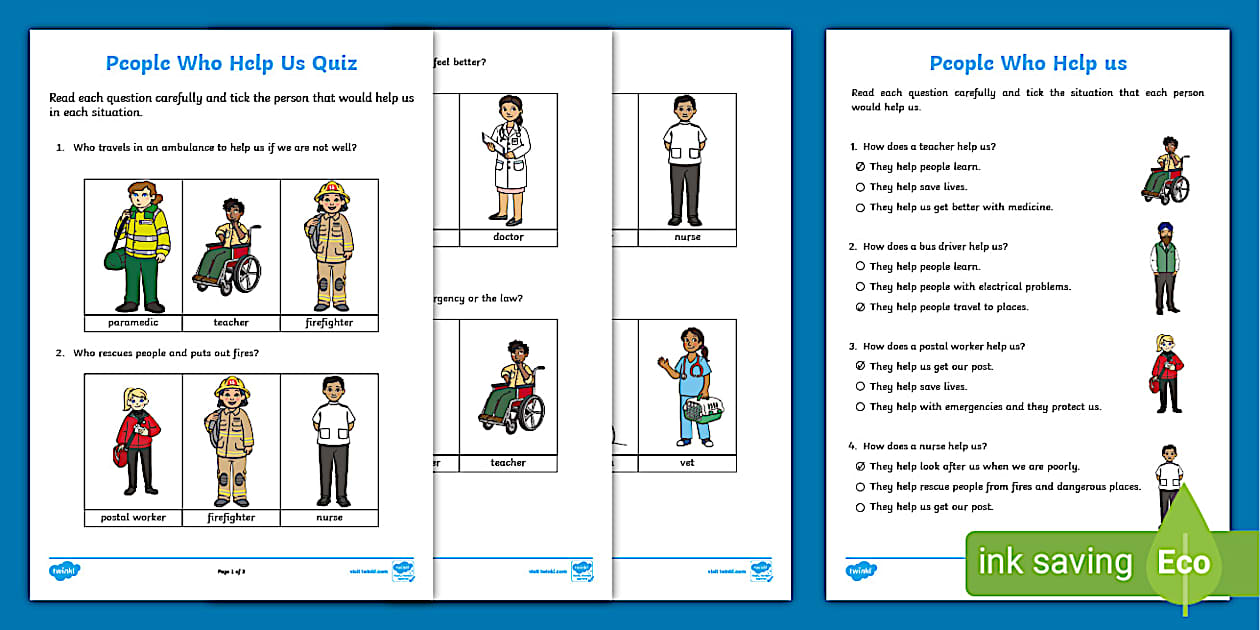 People Who Help Us Quiz Worksheet (teacher made) - Twinkl