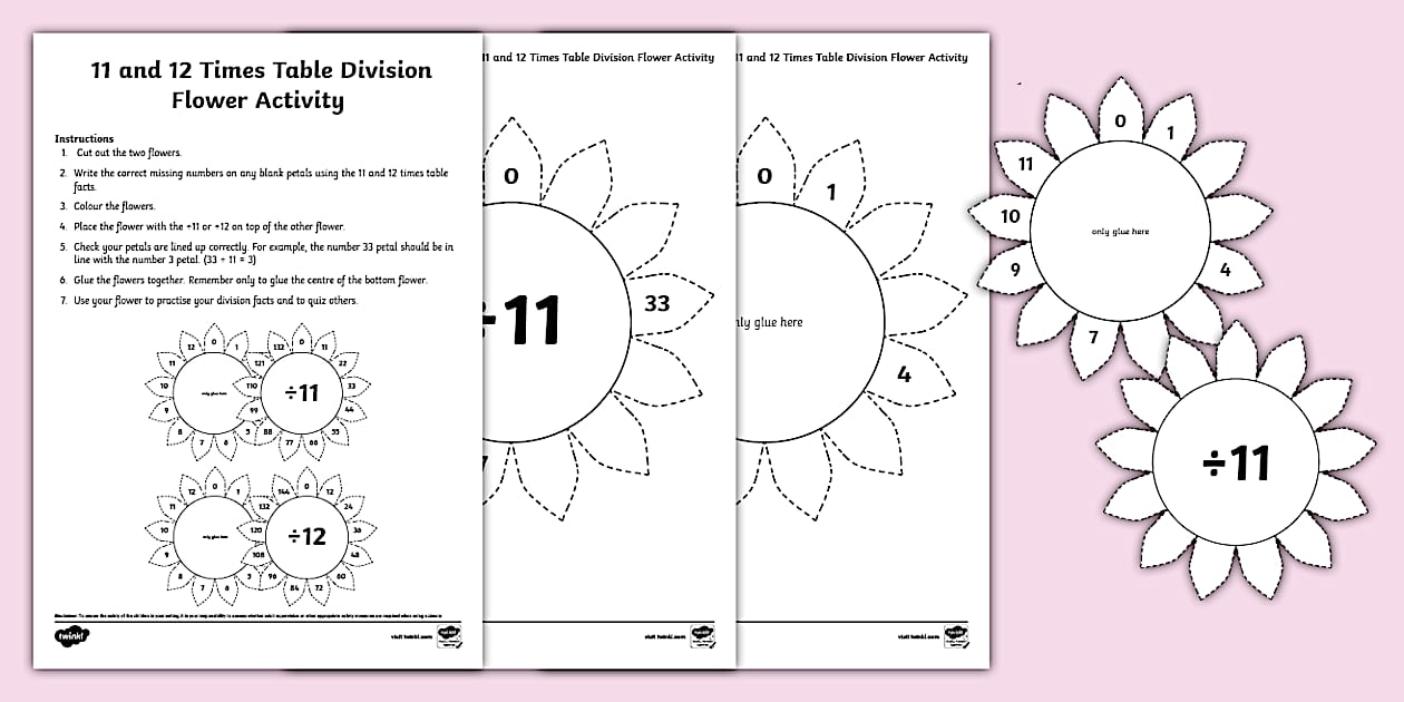 11 and 12 Times Table Division Flower Activity - Twinkl
