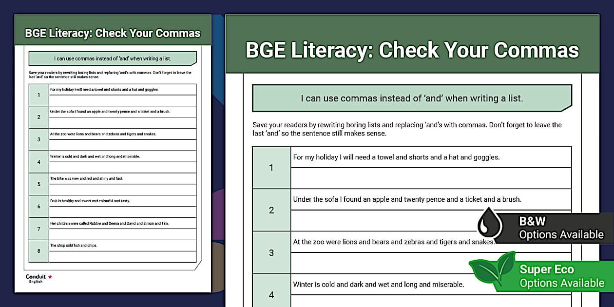 BGE Literacy: Check Your Commas (teacher made) - Twinkl