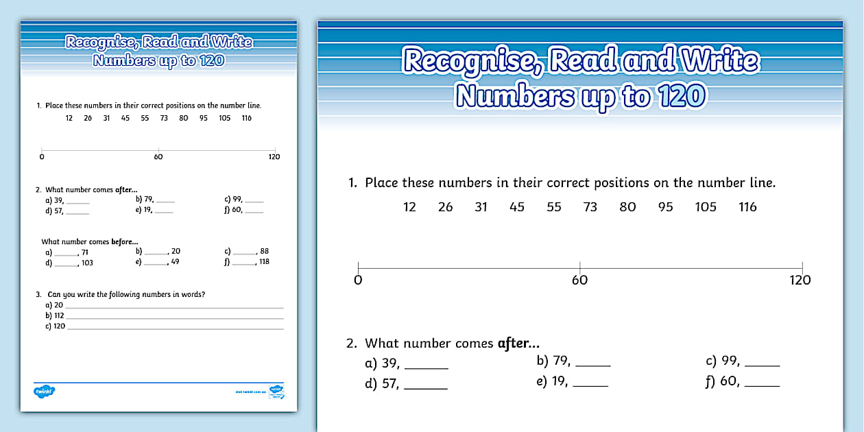 Recognise, Read and Write Numbers up to 120 Worksheet