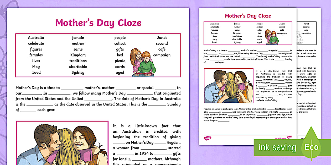 Mother's Day Cloze Worksheet (teacher made) - Twinkl
