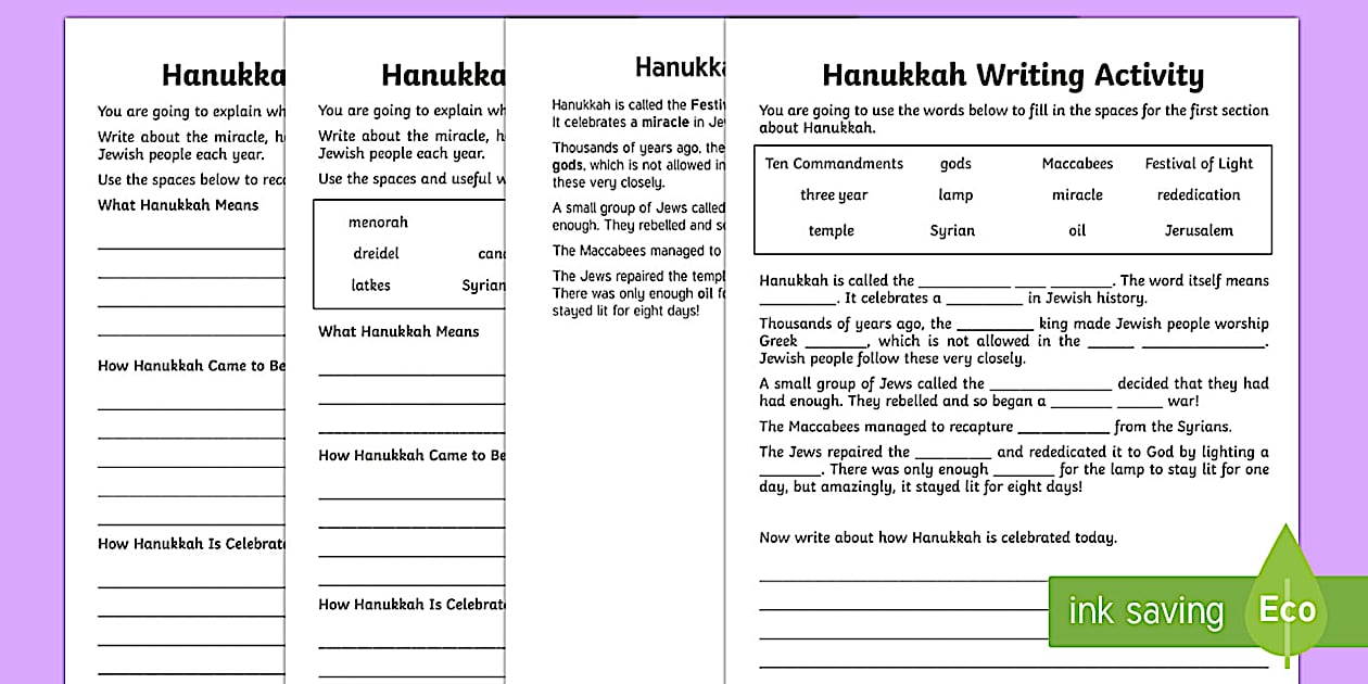 KS2 Hanukkah Writing Worksheet / Worksheet - Twinkl