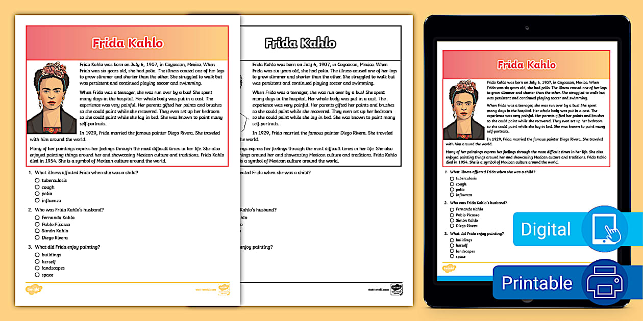 Fourth Grade Frida Kahlo Reading Passage Comprehension Worksheet
