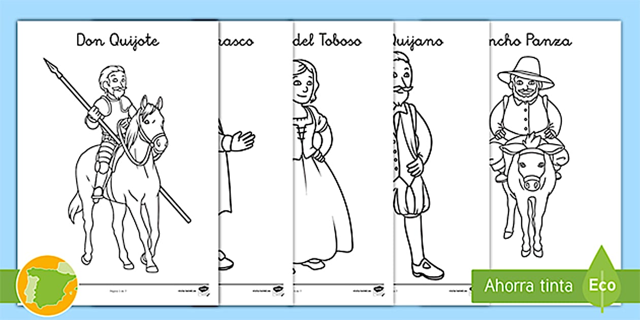 Hojas de colorear: Los personajes de 'El Quijote' - Twinkl