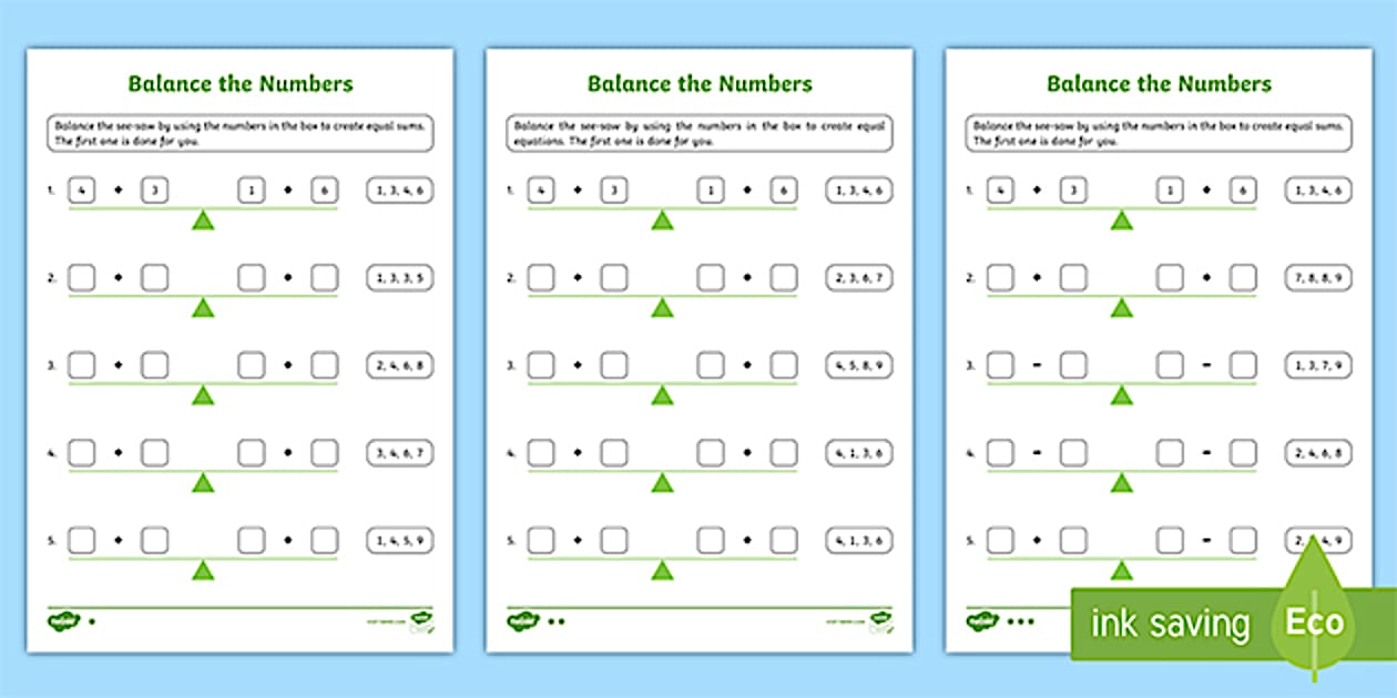👉 Balancing Equations Addition and Subtraction within 20 Worksheet