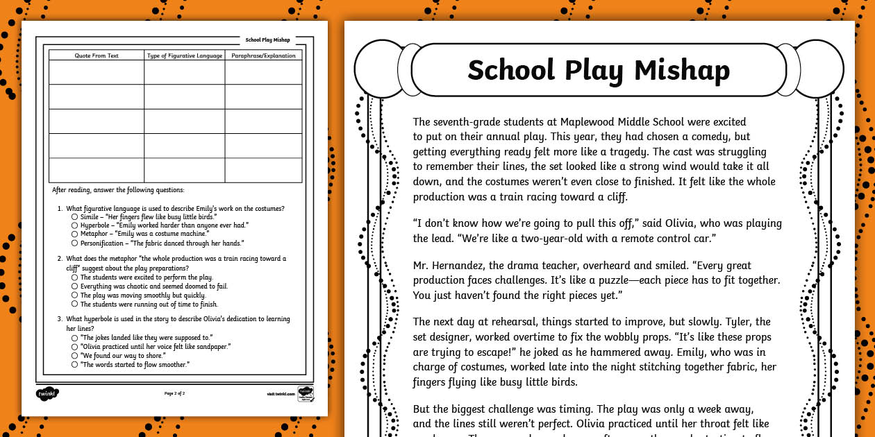 7th Gr Figurative Lang Close Read School Play Short Story