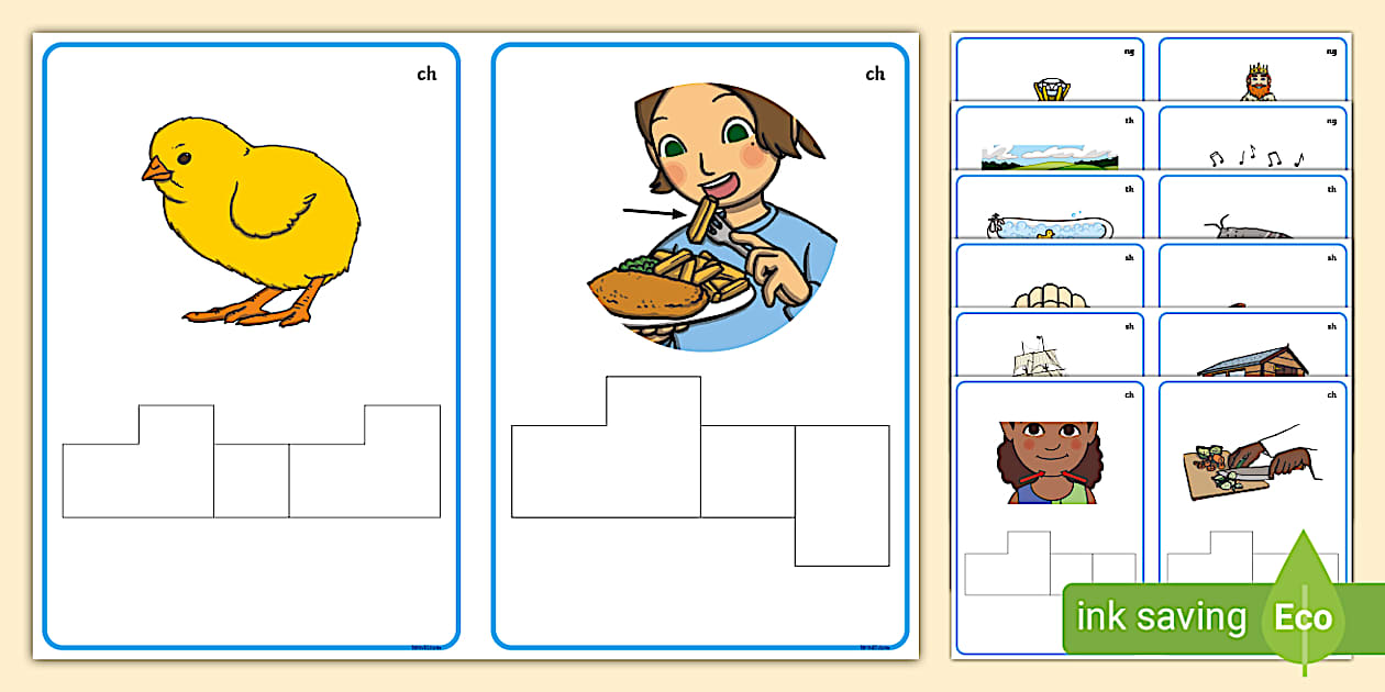 sh, ch, th, ng Word Shape Box Cards | Twinkl (teacher made)