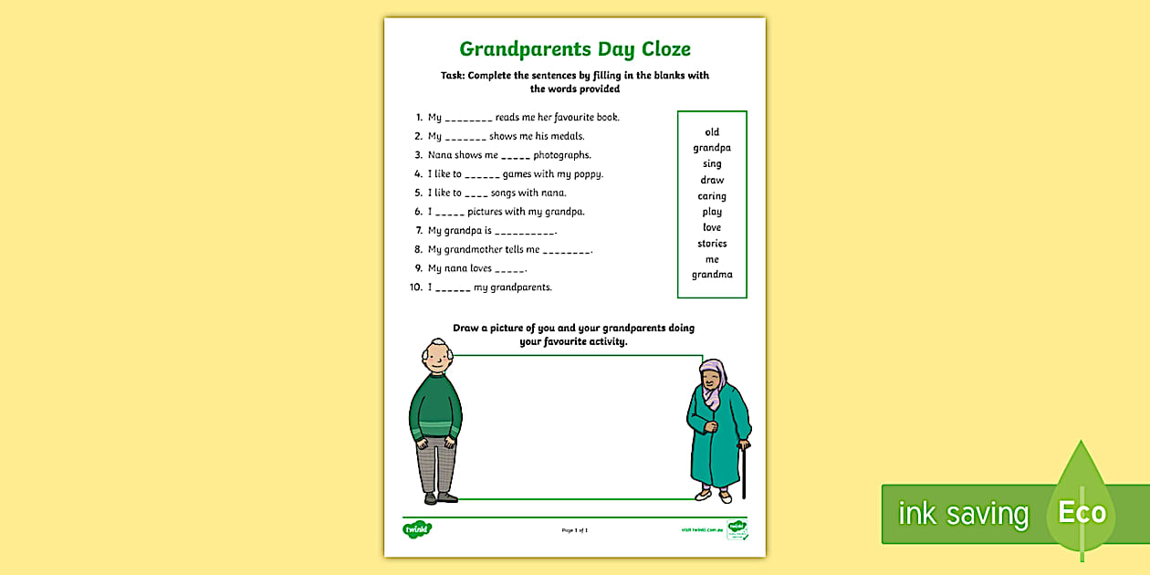 SA Grandparents Day Cloze Worksheet (teacher made) - Twinkl