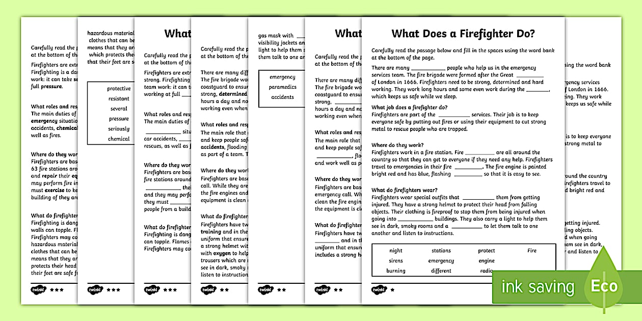 What Does a Firefighter Do? Cloze Passages Differentiated Worksheet
