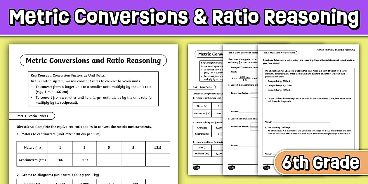 Sixth Grade Metric Conversions and Ratio Reasoning Worksheet