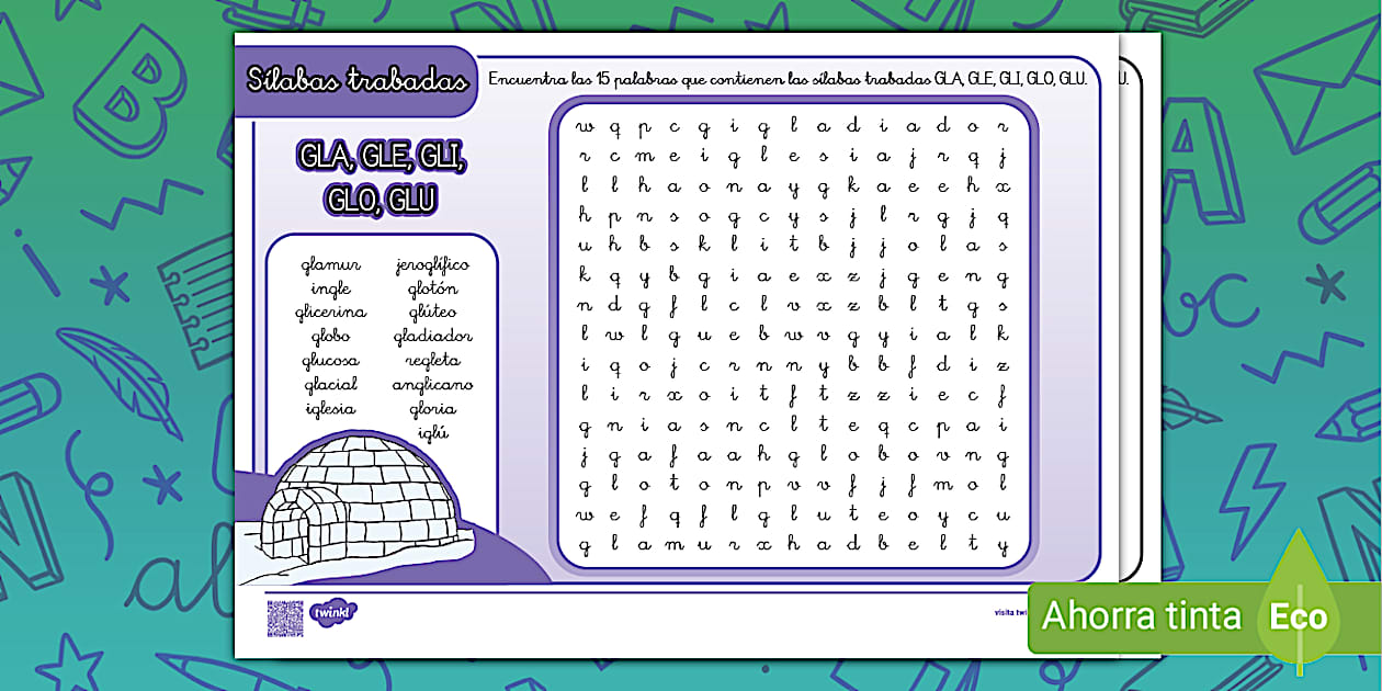 Sopa de letras: Sílabas trabadas GLA, GLE, GLI, GLO, GLU