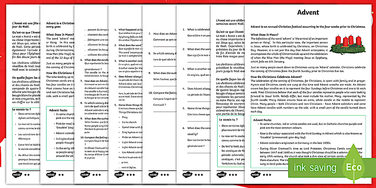 Advent Differentiated Reading Comprehension Activity English/French