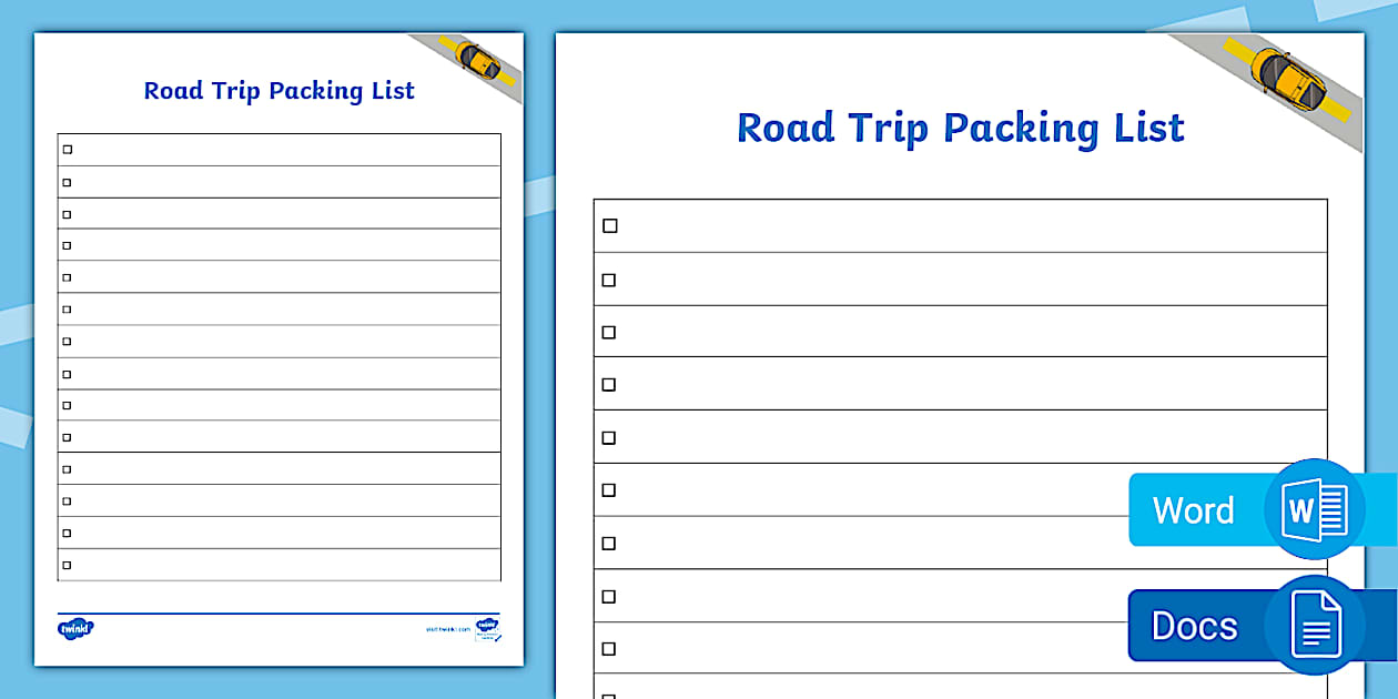 Editable Road Trip Packing List Word & Google Docs