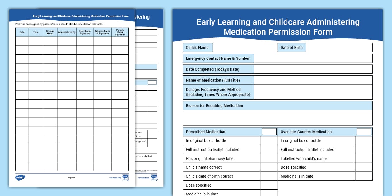 Administering Medication Permission Form Record Sheet ELC