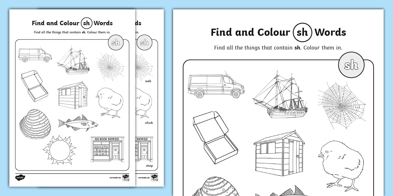 Find and Colour Words Containing 'sh' - Twinkl - EYFS