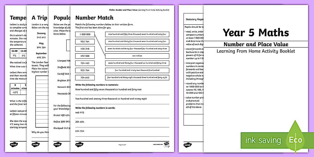 Editable Maths Year 5 Number and Place Value Working From Home Activity