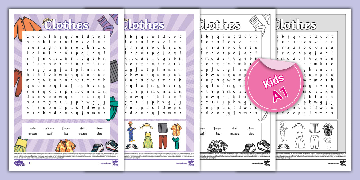 ESL Clothes Word Search [Kids, A1] (teacher made) - Twinkl