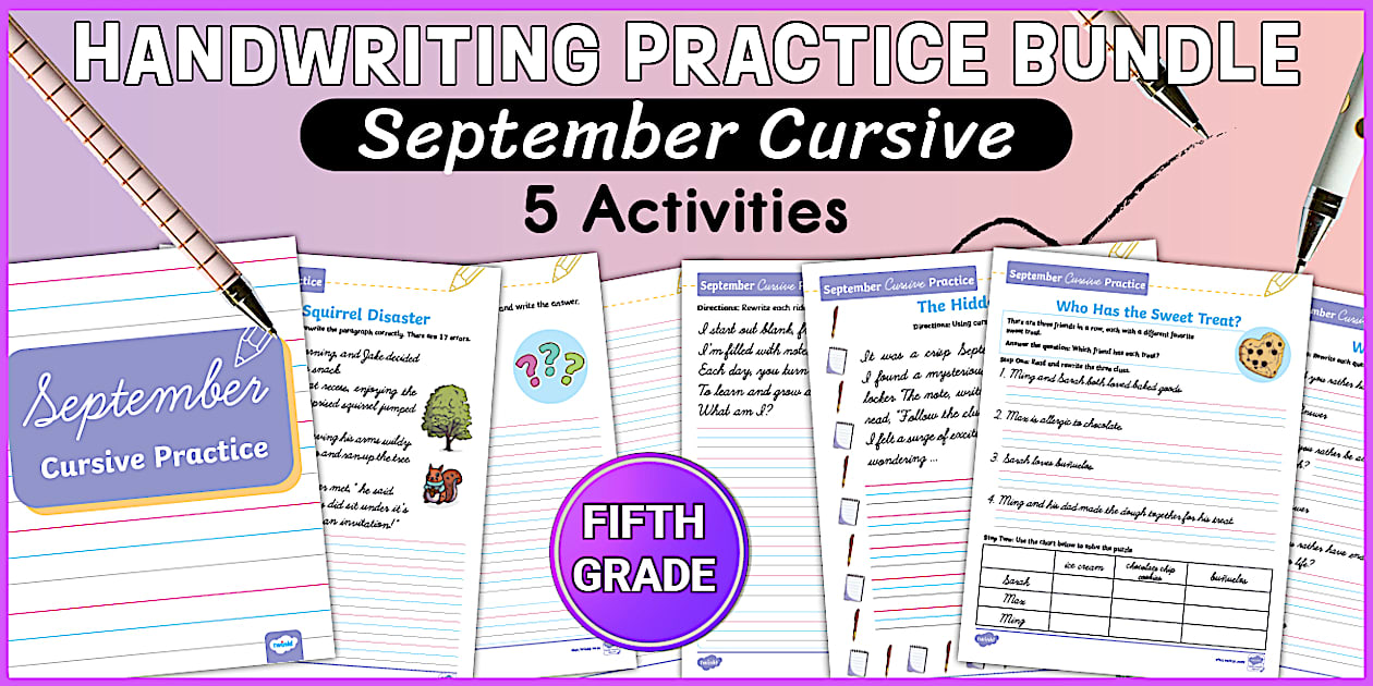 Fifth Grade September Cursive Practice Bundle - Twinkl