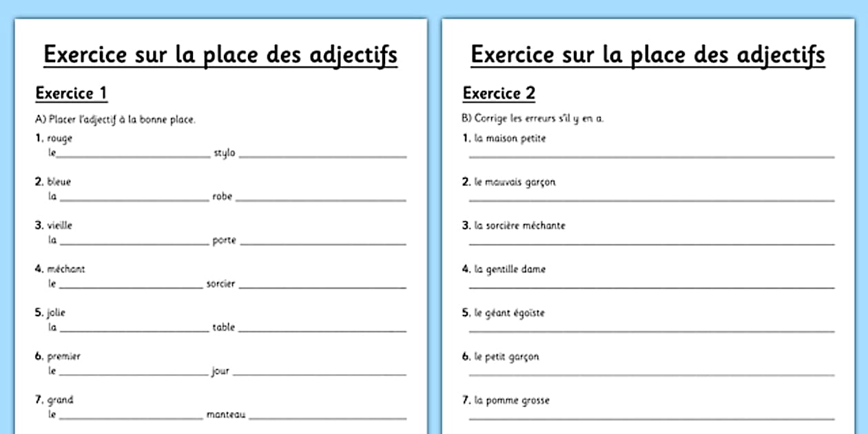 La place des adjectifs Worksheet / Worksheet French - Twinkl