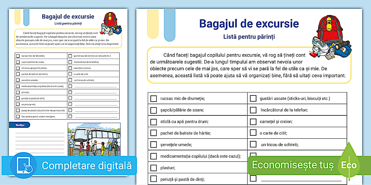 Bagajul de excursie – Listă editabilă pentru părinți