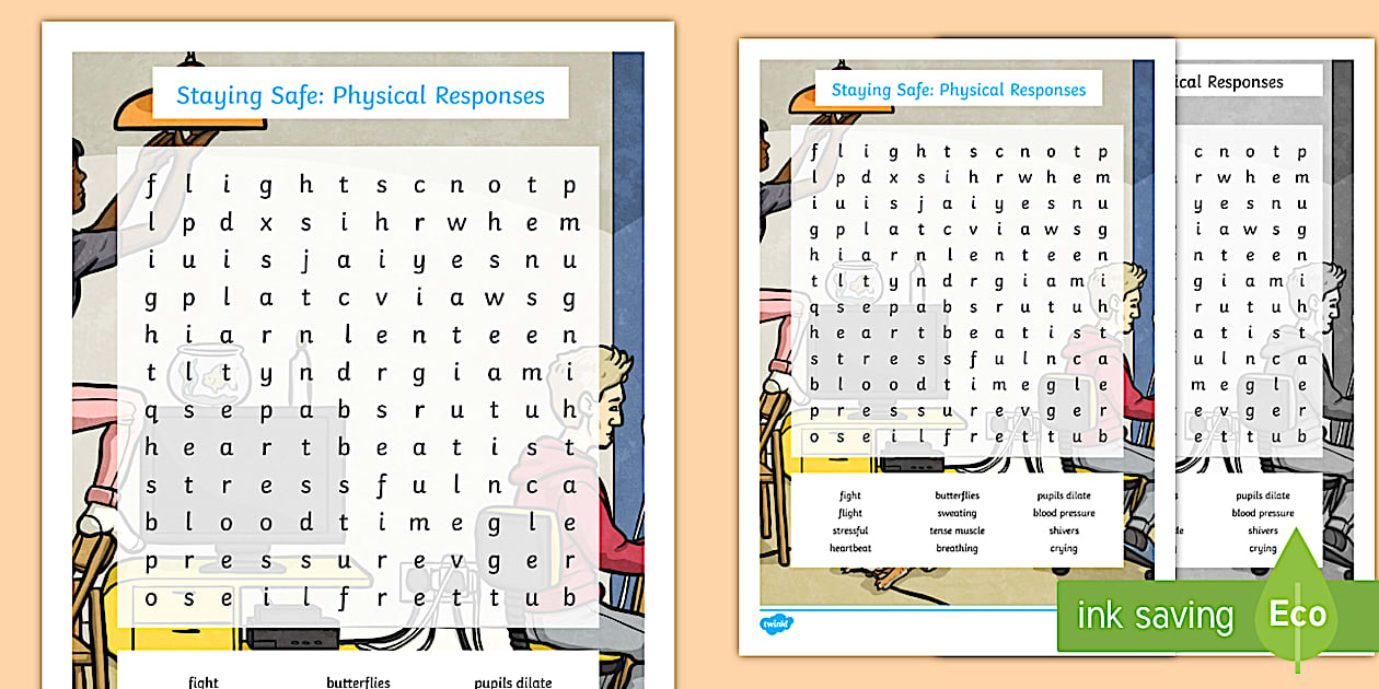 Black and White Staying Safe: Physical Responses Word Search