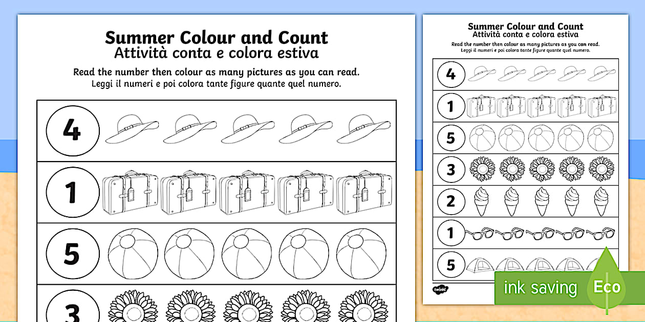 Summer-Themed Count and Colour Sheet English/Italian