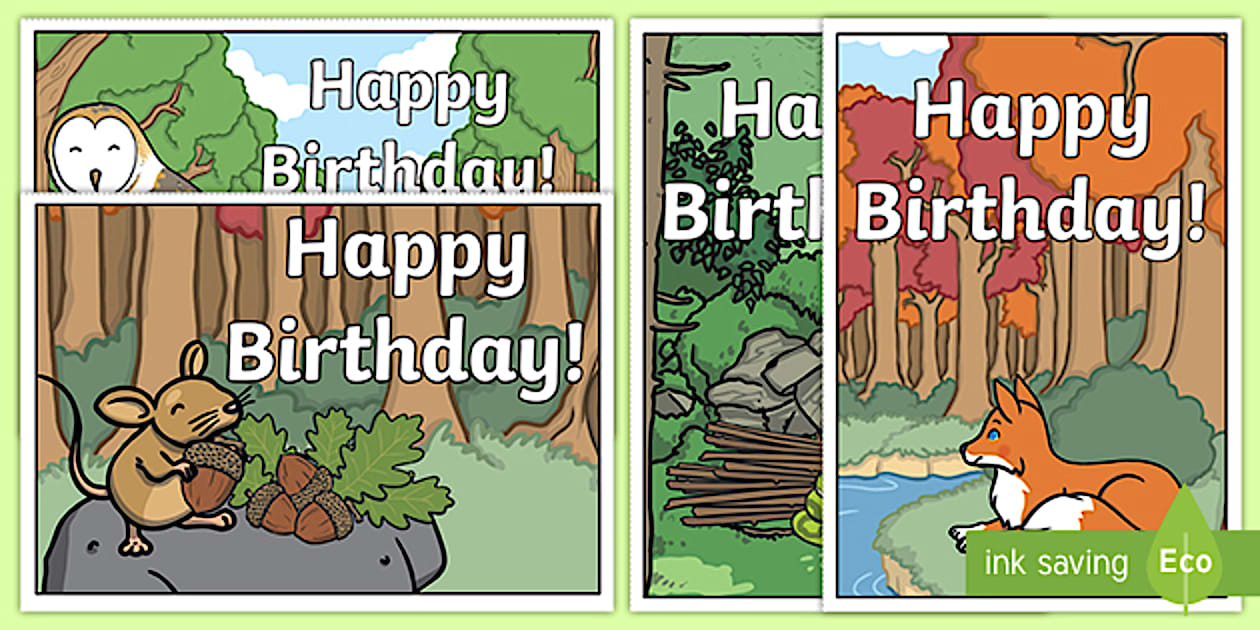Woodland Creature Birthday Cards (professor feito) - Twinkl