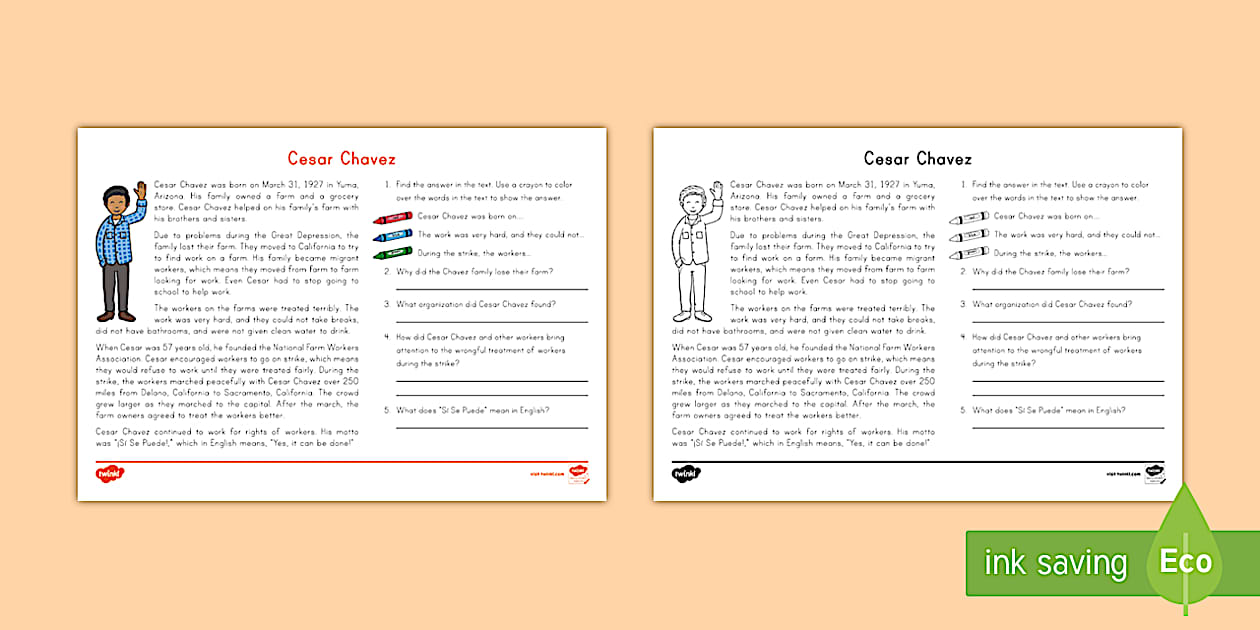 Cesar Chavez Biography Comprehension Worksheet for 1st-2nd Grade