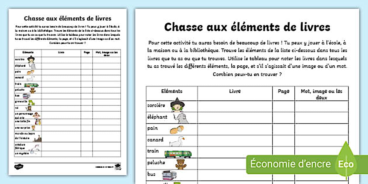 Activité de lecture : Chasse aux éléments de livres