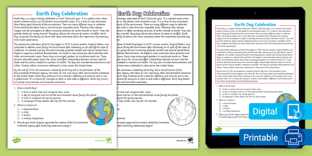 Seventh Grade Earth Day Reading Passage Comprehension