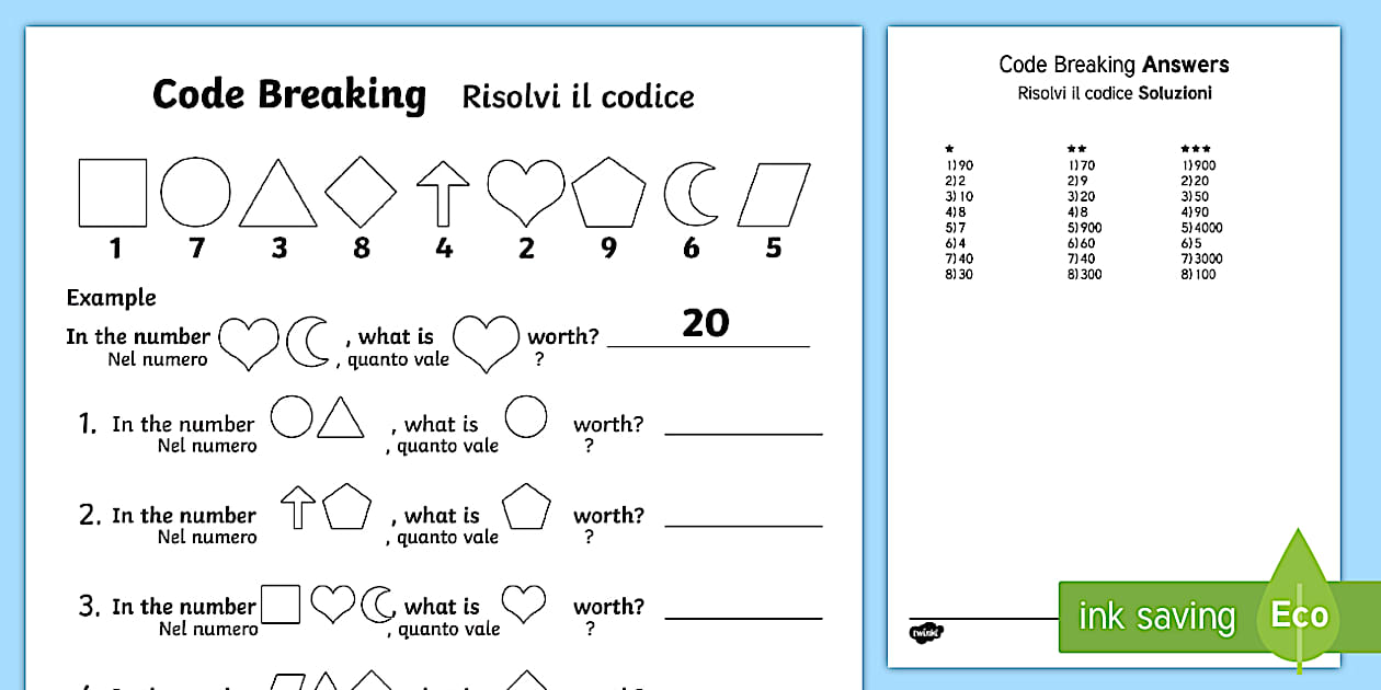 Place Value Code Breaking Worksheet / Worksheets English/Italian