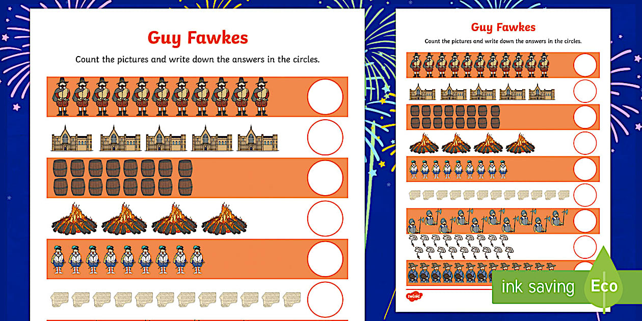 Editable Guy Fawkes Themed Counting up to 20 Worksheet