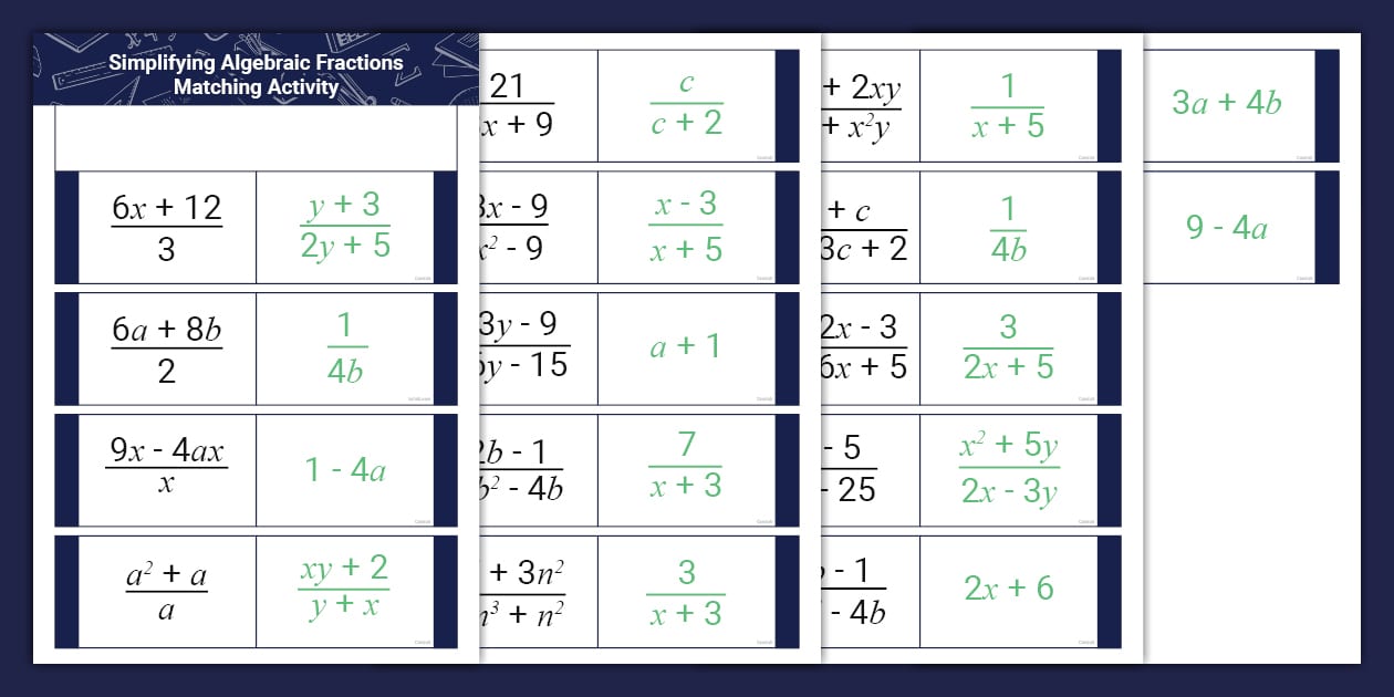 Simplifying Algebraic Fractions Matching Activity - Twinkl