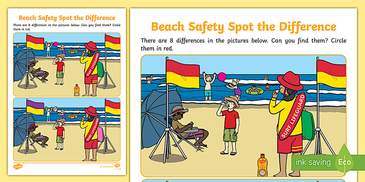 TAS Beach Safety Spot the Difference Worksheet - Twinkl