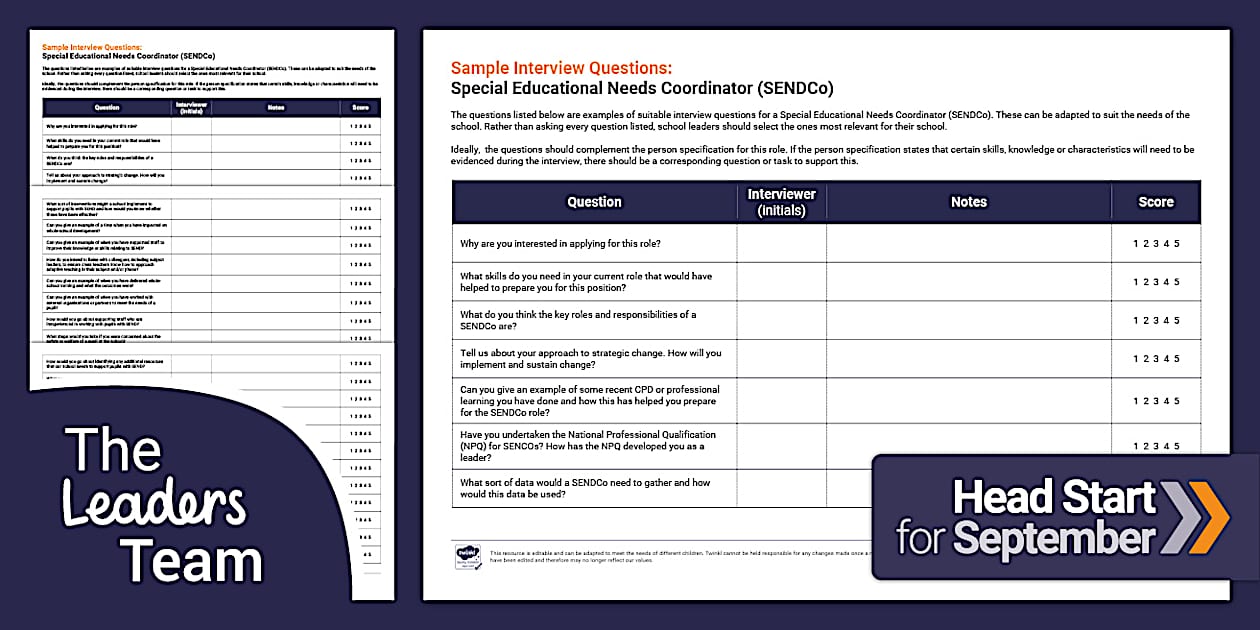 Leaders - SENDCo: Sample Interview Questions (teacher made)