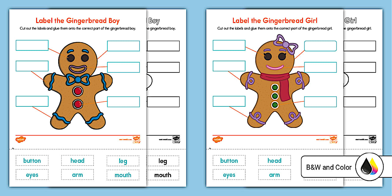 Label the Gingerbread Boy and Girl Activity Worksheet