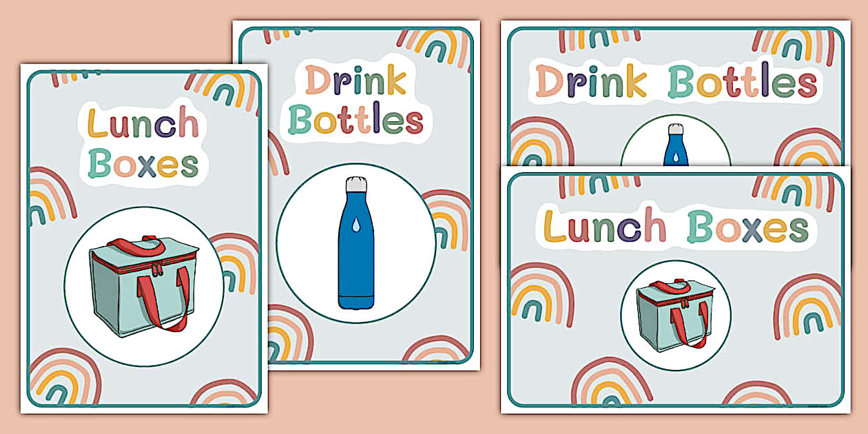 Muted Rainbow Lunch Box and Drink Bottle Signs | Twinkl