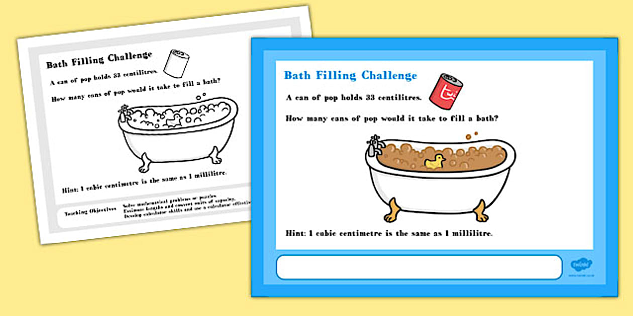 Filling Bath Maths Challenge A4 Display Posters - Twinkl