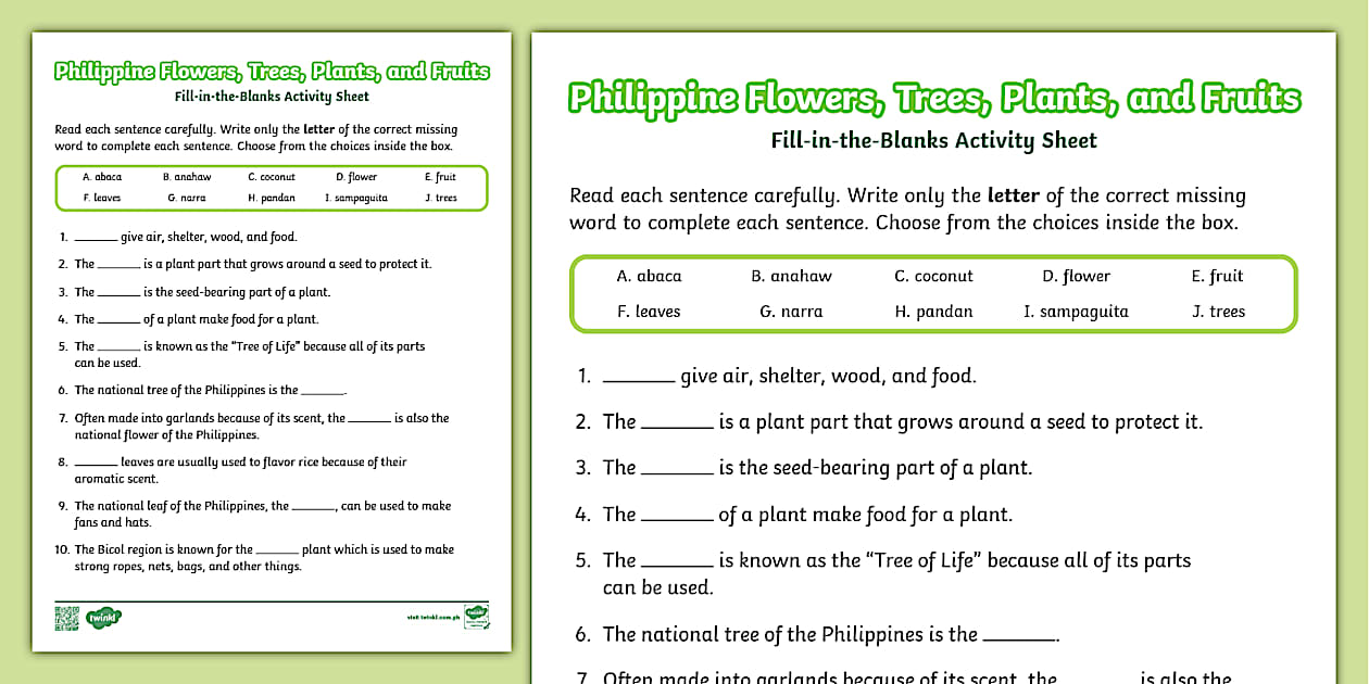 Philippine Flowers, Trees, Plants, and Fruits Fill-in-the-Blanks Activity