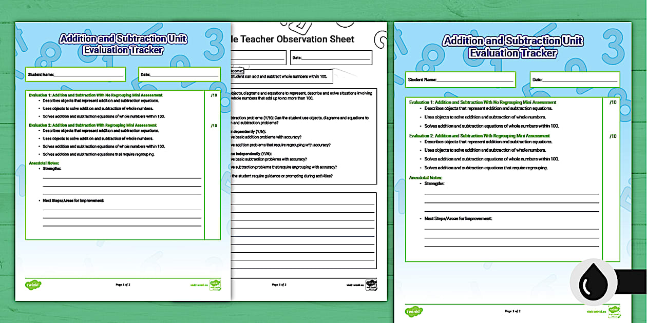 Grade 2 Addition and Subtraction Unit Evaluation Tracker