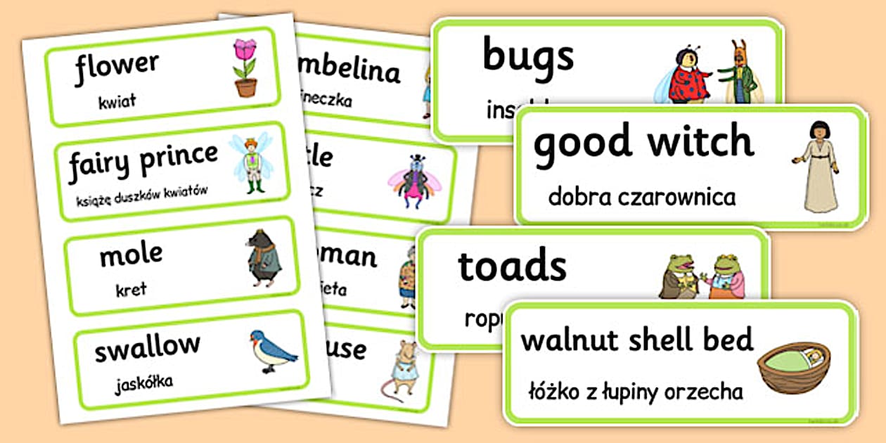 Thumbelina Word Cards Polish Translation (teacher made)