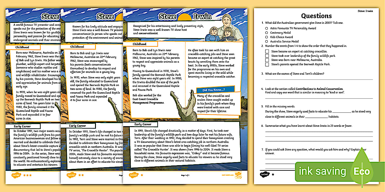 UKS2 Steve Irwin Differentiated Comprehension Activity