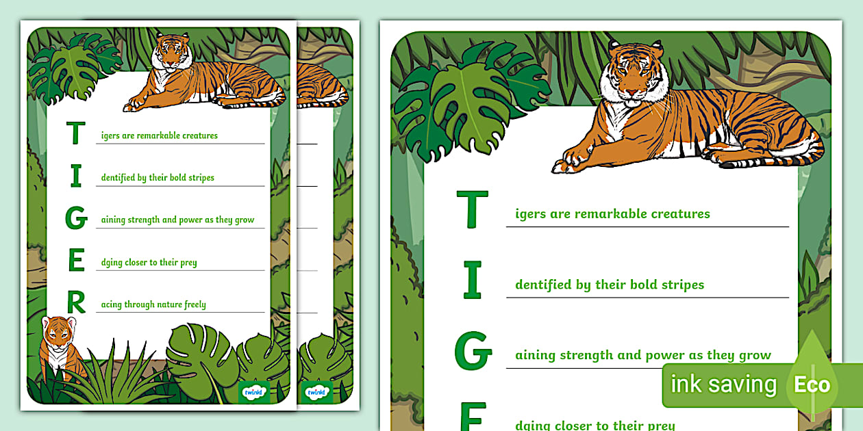 Tiger Acrostic Poem Example (Teacher-Made) - Twinkl