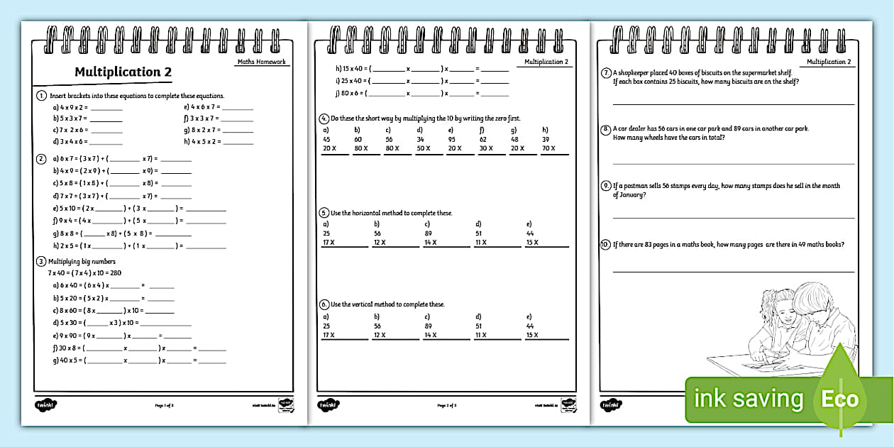 Maths Homework Multiplication 2 3rd/4th Class - Twinkl