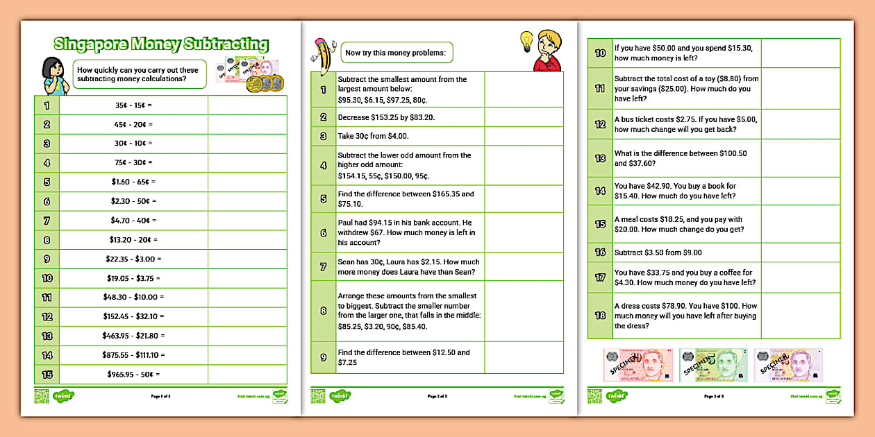Singapore Money Subtraction Activity Sheet (Lehrer gemacht)